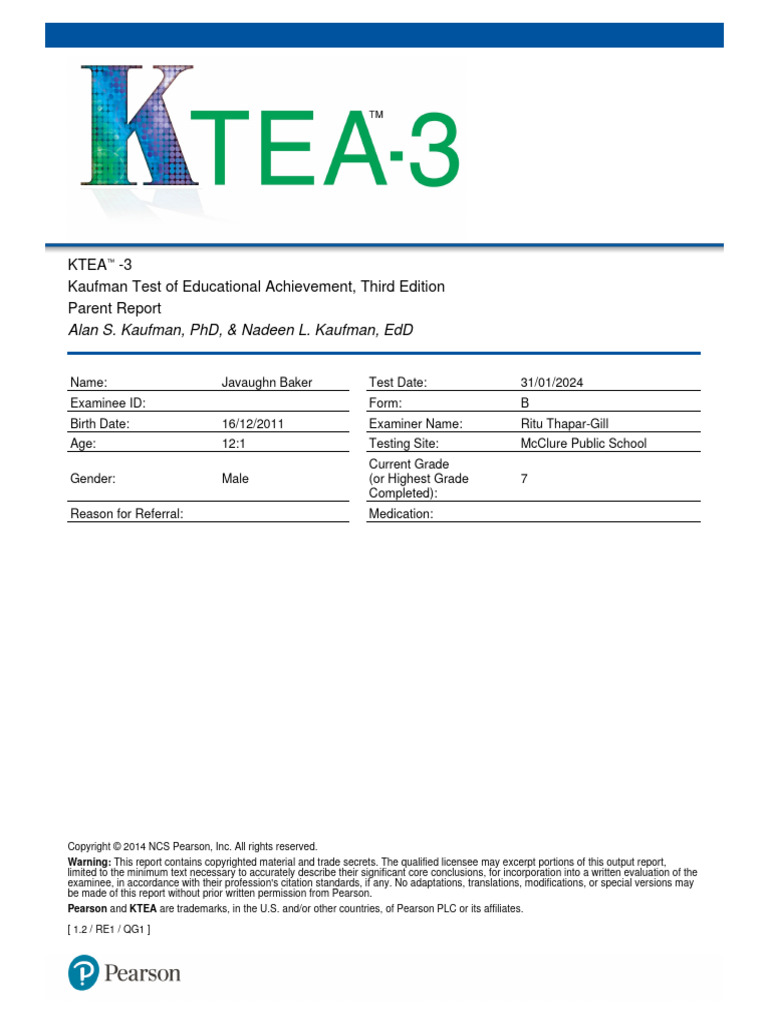 KTEA 3 Parent Report - 54433345 - 1712666972404 | PDF | Fluency ...
