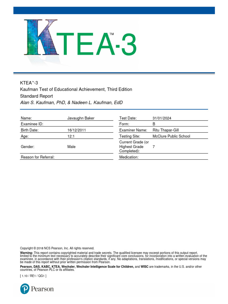 KTEA 3 Standard Report - 54433345 - 1712666734295 | PDF