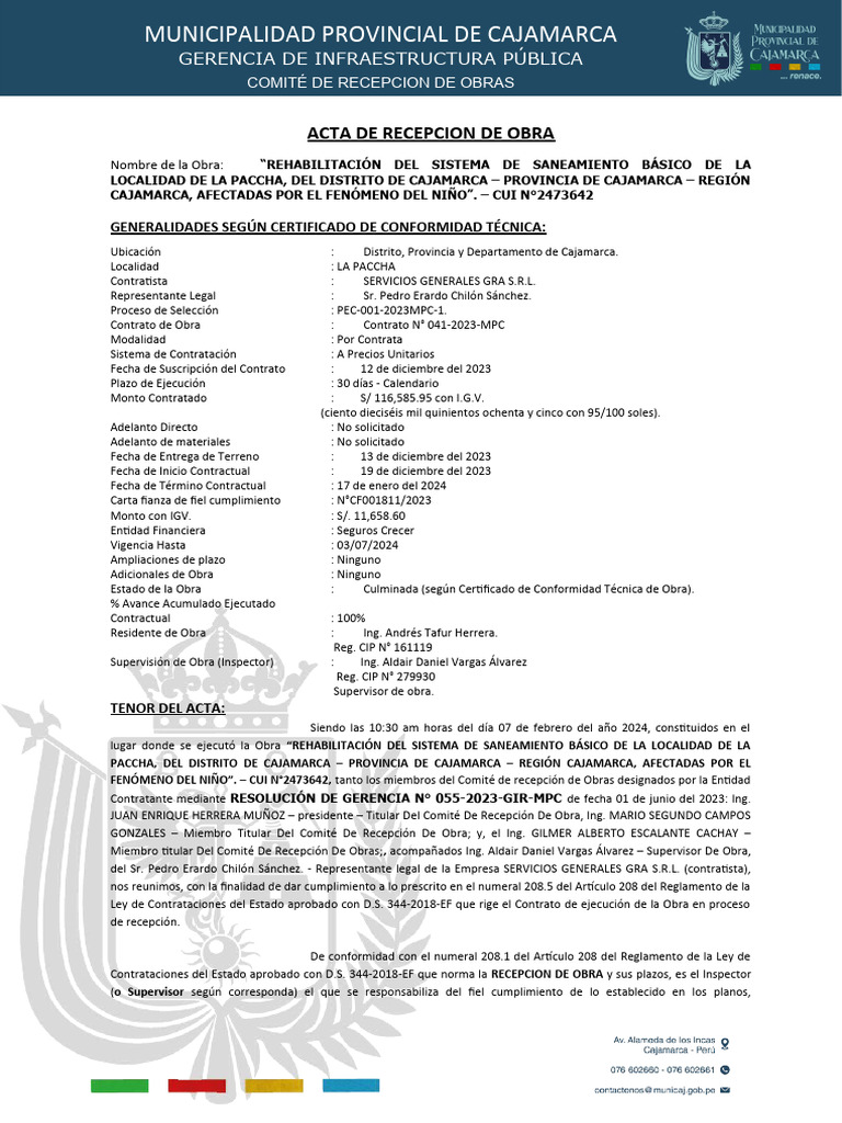 Acta de Recepcion de Obra Levan Obs La Paccha Final | PDF | Física Aplicada e Interdisciplinaria ...