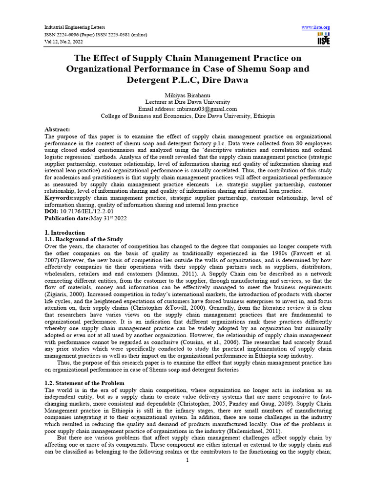 The Effect of Supply Chain Management Practice On Organizational Performance in Case of Shemu ...