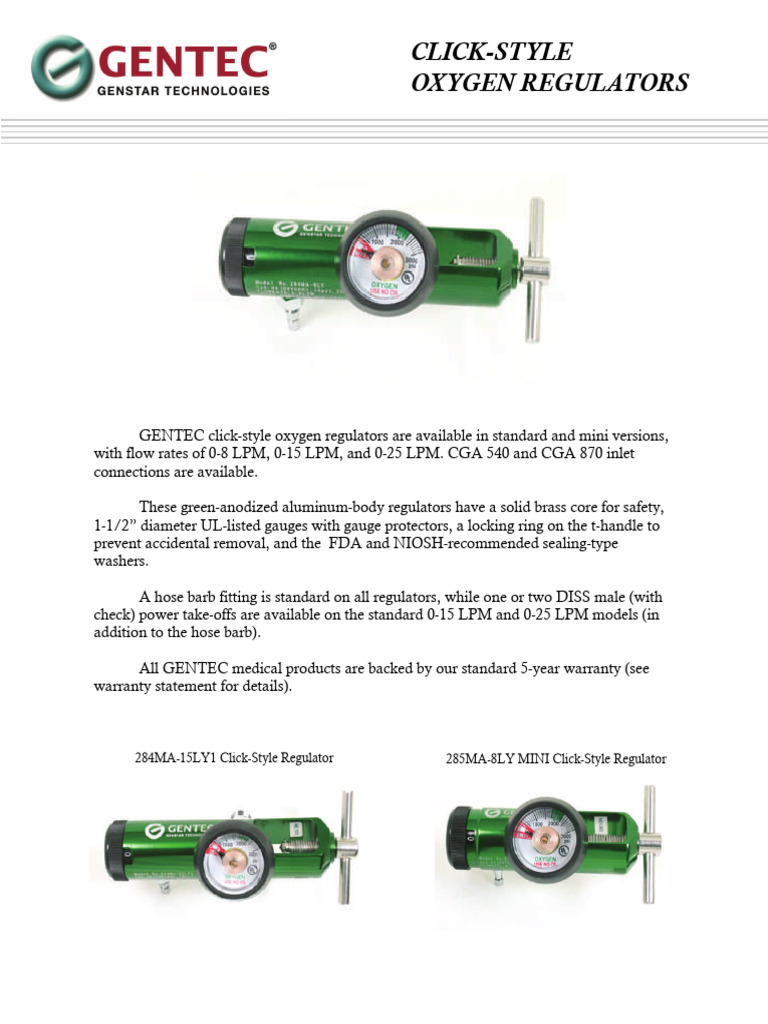 Ficha Tecnica - Regulador de Oxigeno - Gentec 284ma | PDF