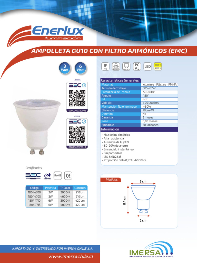 Ficha Tecnica Ampolleta Gu10 Enerlux 2021 | PDF | Diodo emisor de luz ...