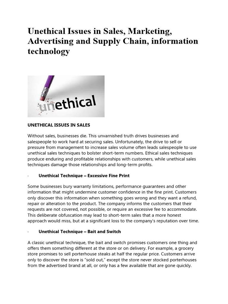 Unethical Sales and Marketing Practices | PDF | Sales | Advertising