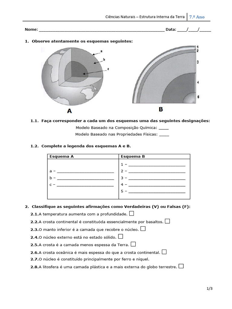 Estrutura Interna da Terra - 7.º Ano | PDF | Terra | Geologia