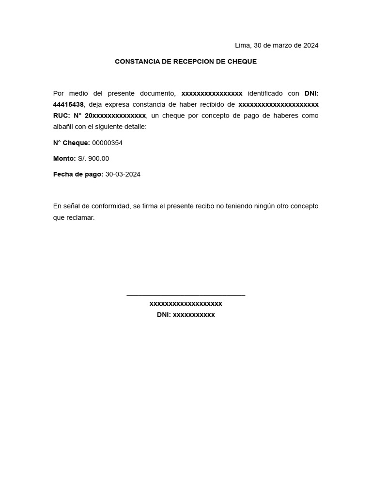 Constancia Recepcion de Cheque | PDF