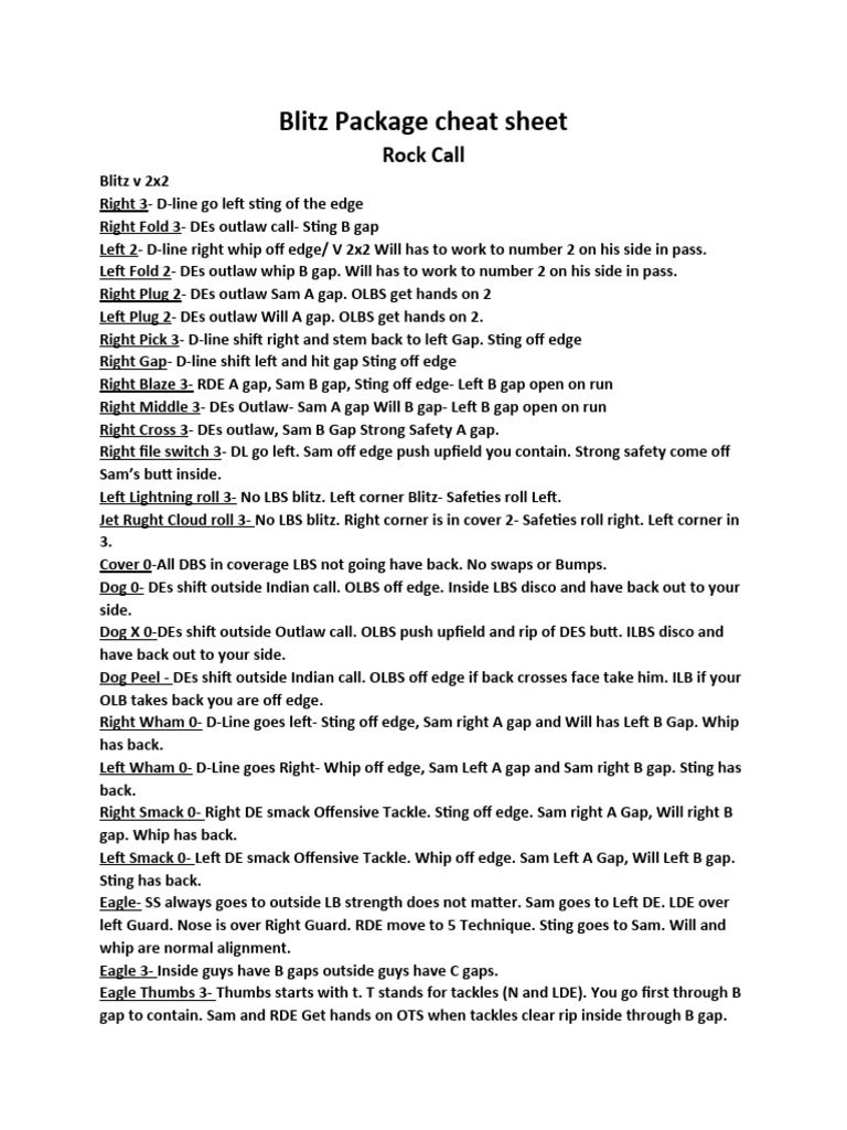 3-4 Defense Blitz Package Cheat Sheet | PDF | American Football