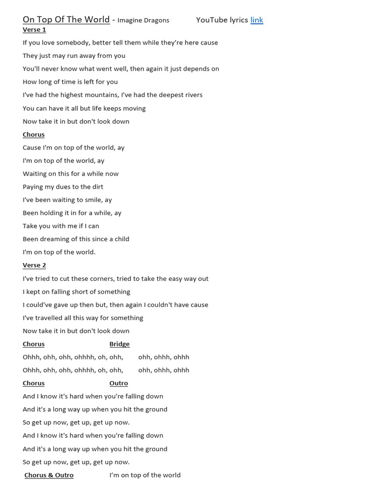 Top of The World Lyrics Only | PDF | Language Arts & Discipline | Poetry