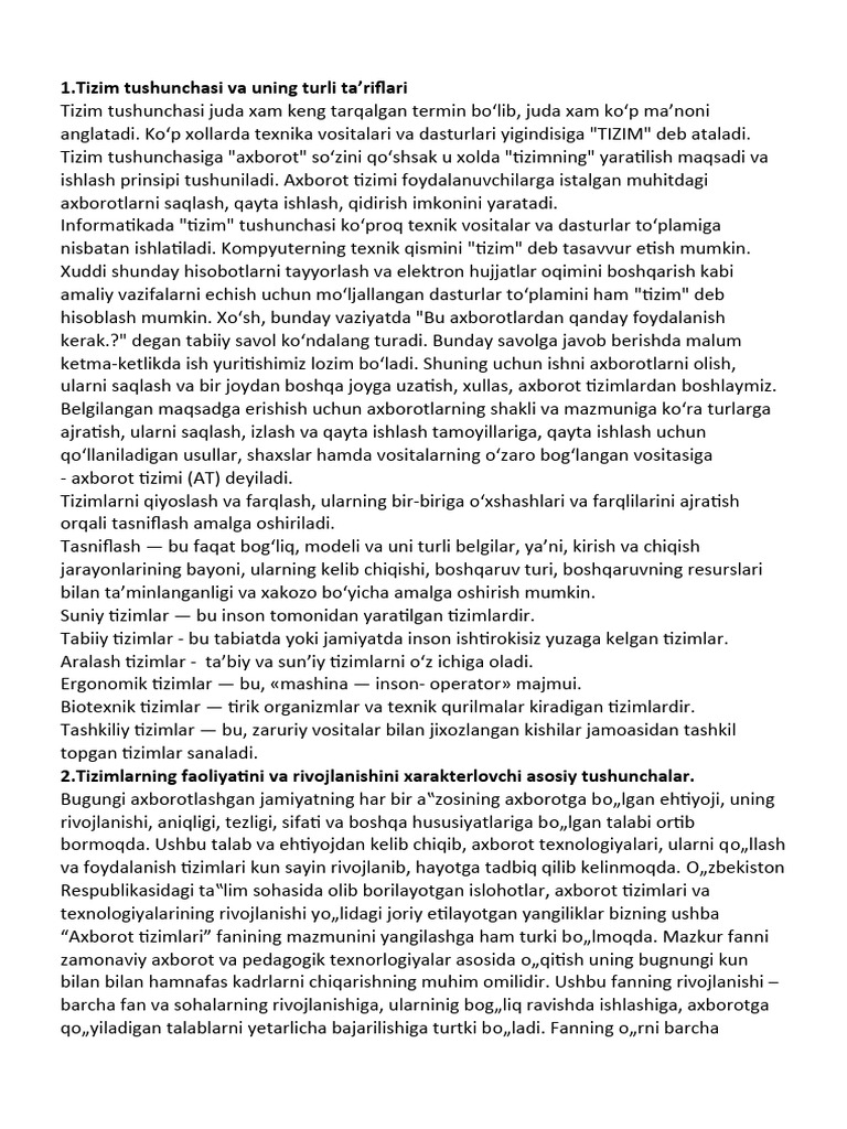 Tizim Tushunchasi Va Uning Turli Ta'riflari | PDF