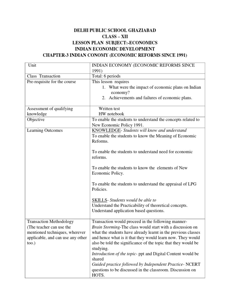 Lesson Plan: Economic Reforms 1991 | PDF | Lesson Plan | Learning