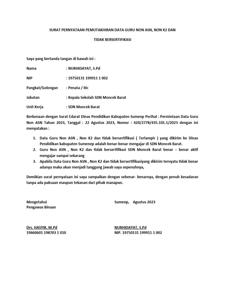 Surat Pernyataan Pemutakhiran Data Guru Non Asn | PDF