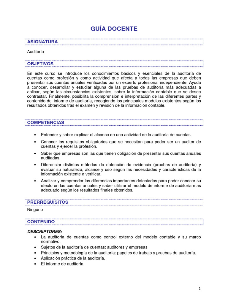 Guia Docente Auditoria | PDF | Auditoría | Contabilidad