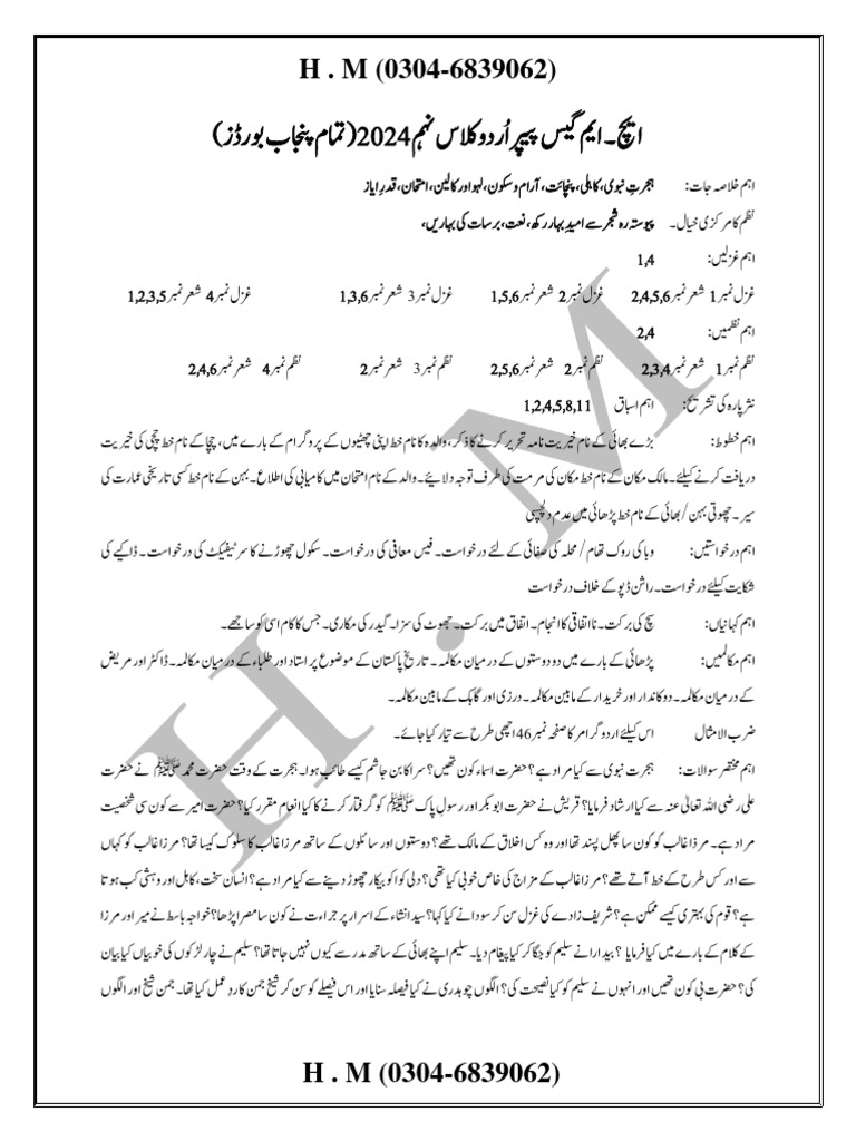 H.M Guess Paper Urdu Class 9TH 2024 | PDF