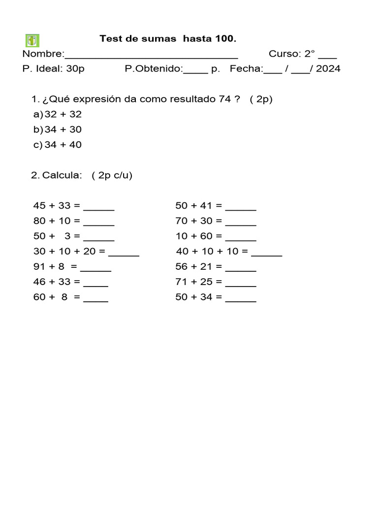Test de Sumas y Restas Hasta 100 | PDF