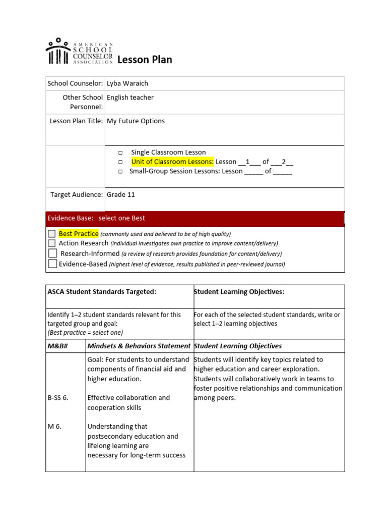 11th Grade Career Lesson Plan | Download Free PDF | Student Financial ...