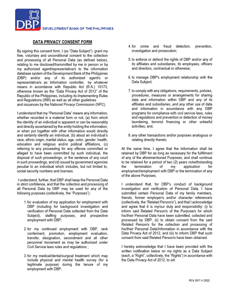 DBP Data Privacy Consent Form | PDF | Privacy | Consent