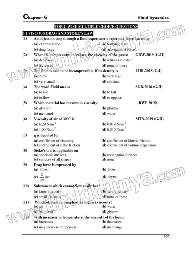 Fluid Dynamics: Chapter 6 MCQs | PDF | Viscosity | Drag (Physics)