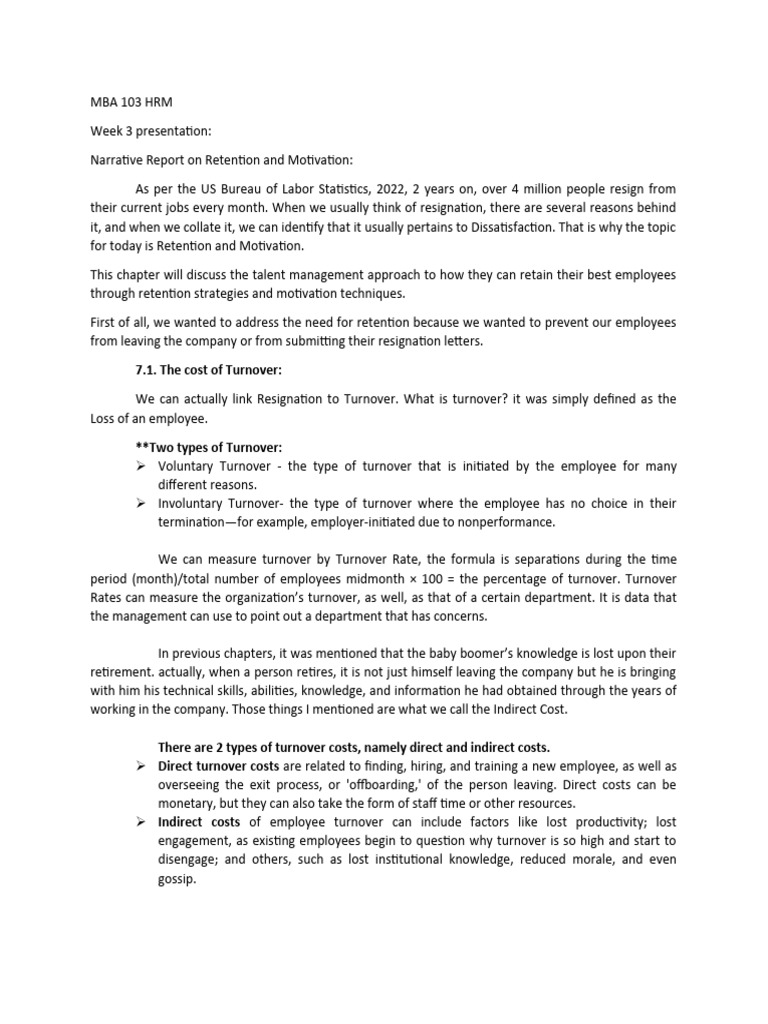MBA 103 HRM Narrative Report | Download Free PDF | Employee Retention | Turnover (Employment)
