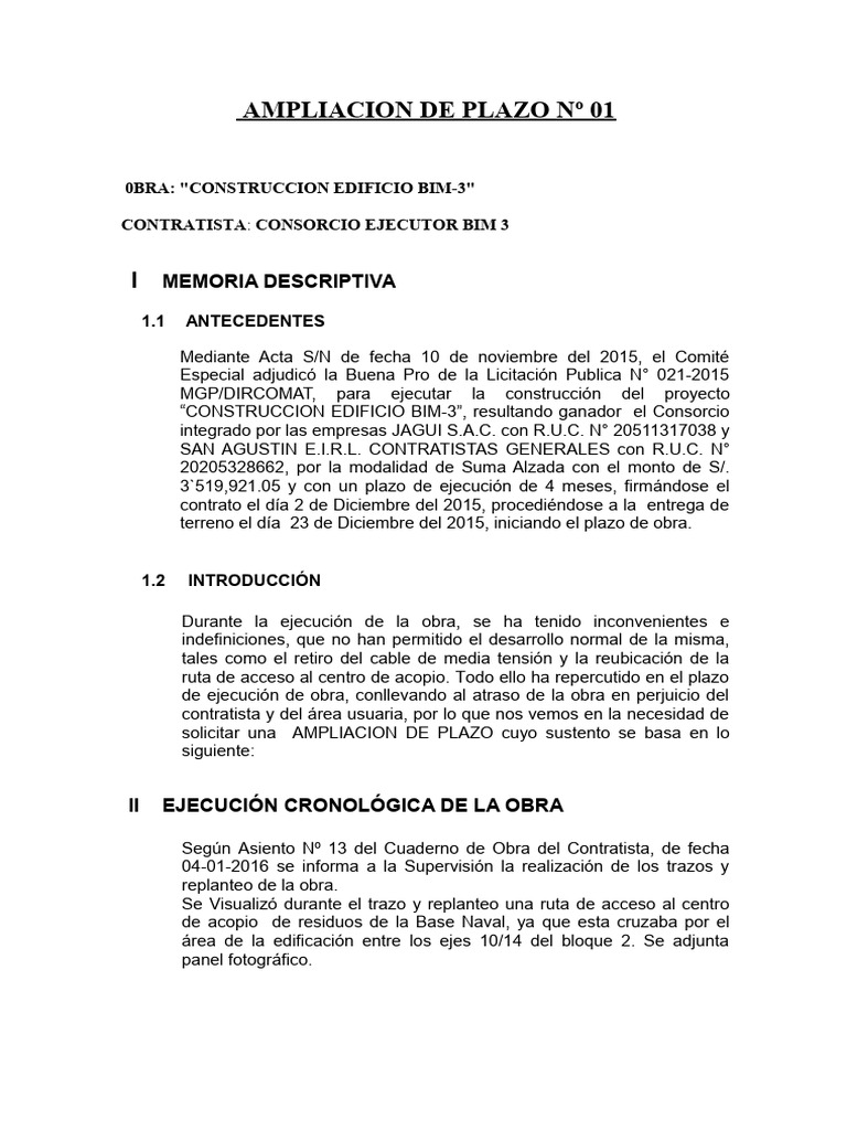 Memoria Descriptiva de Ampliacion de Plazo | PDF