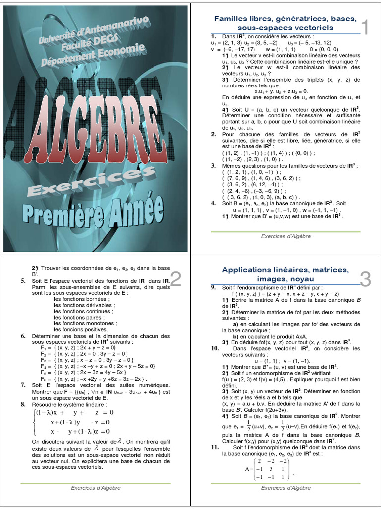 Exercices d'Algèbre Linéaire 2x2 | PDF | Base (algèbre linéaire ...