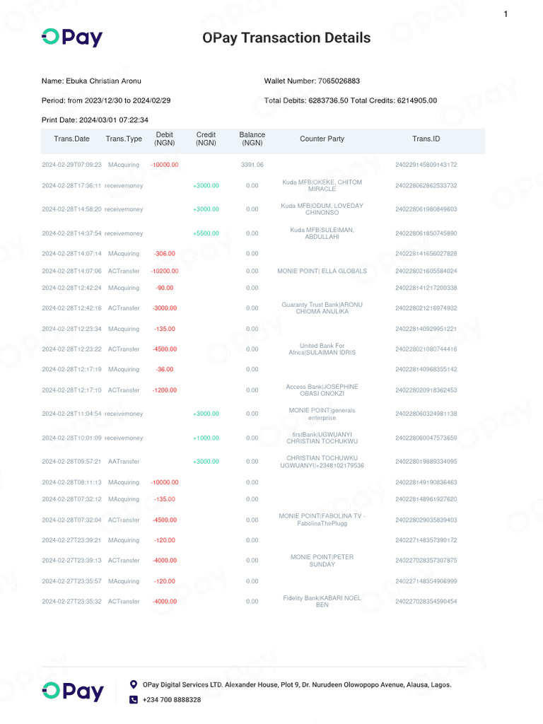 Opay Account Statement Summary | PDF | Banking | Financial Services