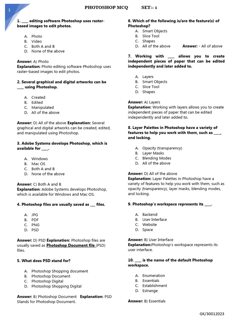 set 1 Photoshop Mcq's | PDF | Adobe Photoshop | Image Editing