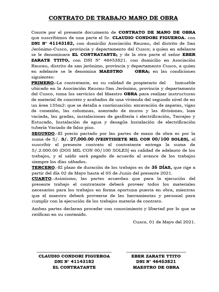 Contrato de Trabajo Mano de Obra | PDF | Derecho