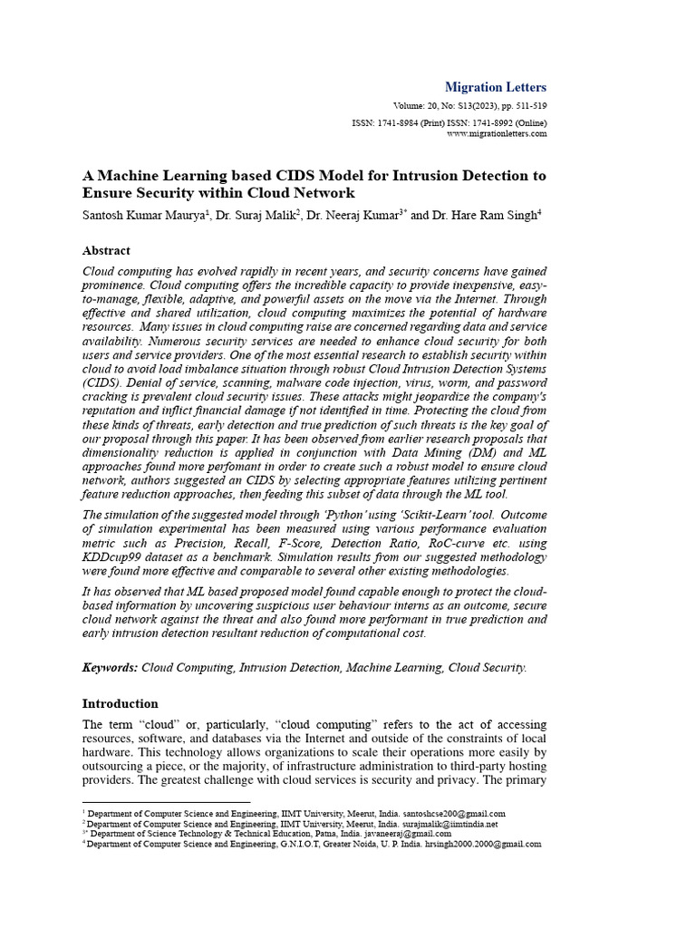 A Machine Learning Based CIDS Model For Intrusion Detection To Ensure Security Within Cloud ...