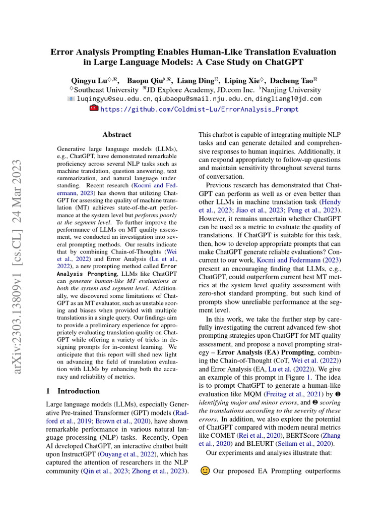 Error Analysis Prompting Enables Human-Like Translation Evaluation in Large Language Models - A ...