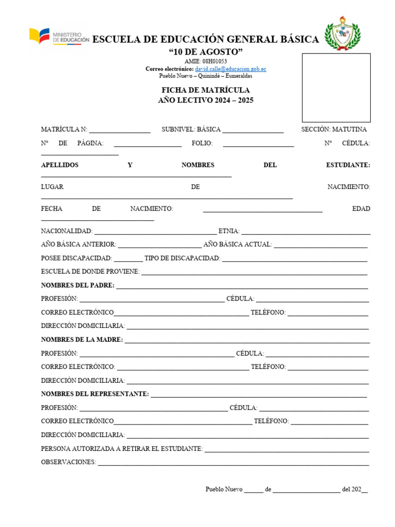 Modelo de Ficha de Matrícula 2024 - 2025 | PDF