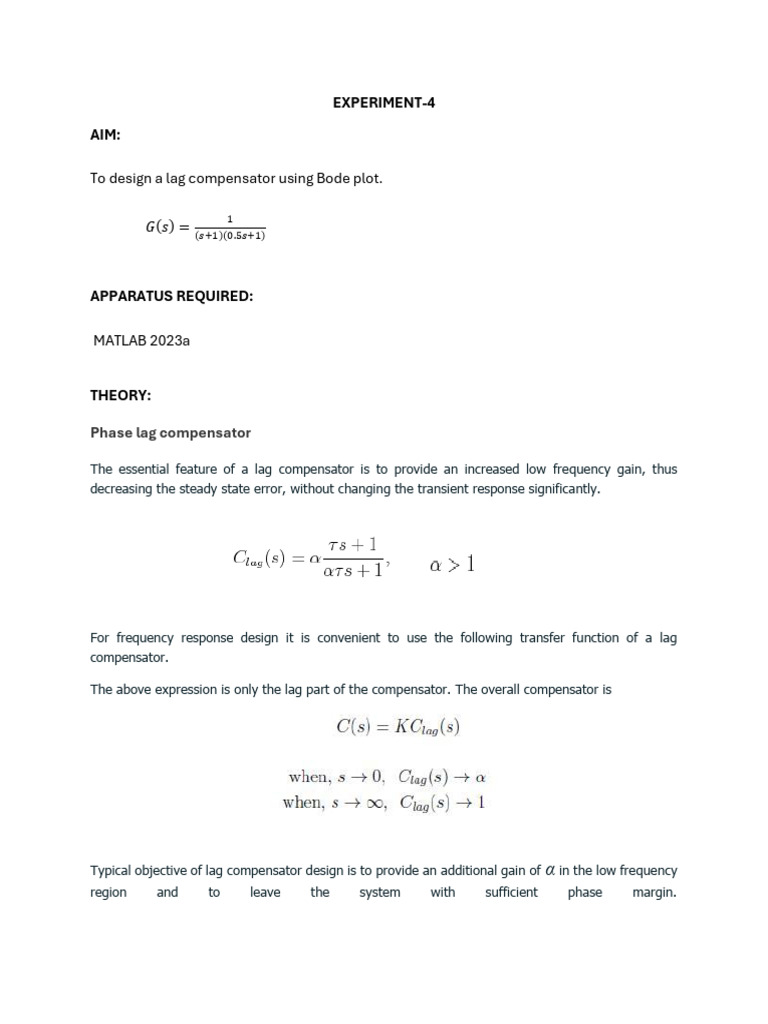 Lag Compensator Design with Bode Plot | PDF