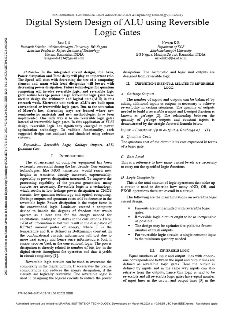 Digital System Design Of Alu Using Reversible Logic Gates Pdf Logic Gate Digital Electronics