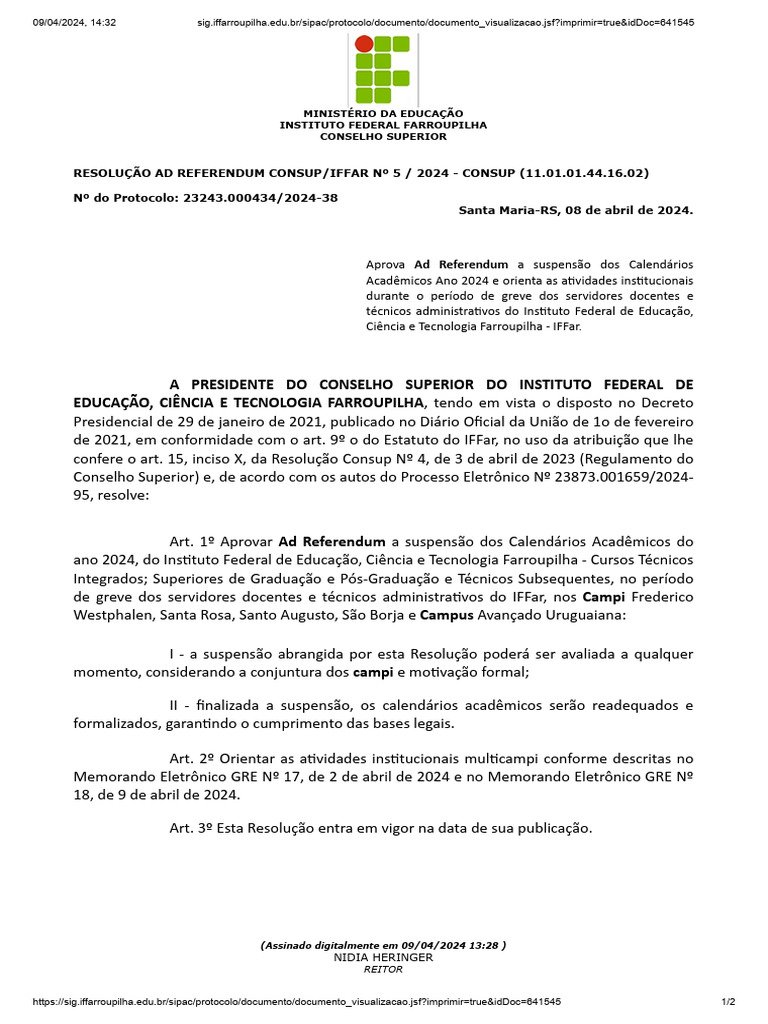 RESOLUÇÃO AD REFERENDUM CONSUP - IFFAR #5 - 2024 Aprova A Suspensão Do ...