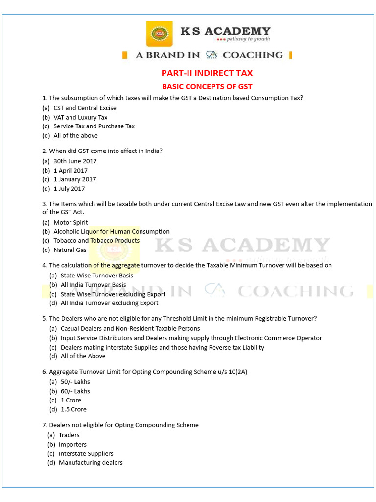 Ca Inter Indirect Tax MCQ | PDF | Value Added Tax | Taxes