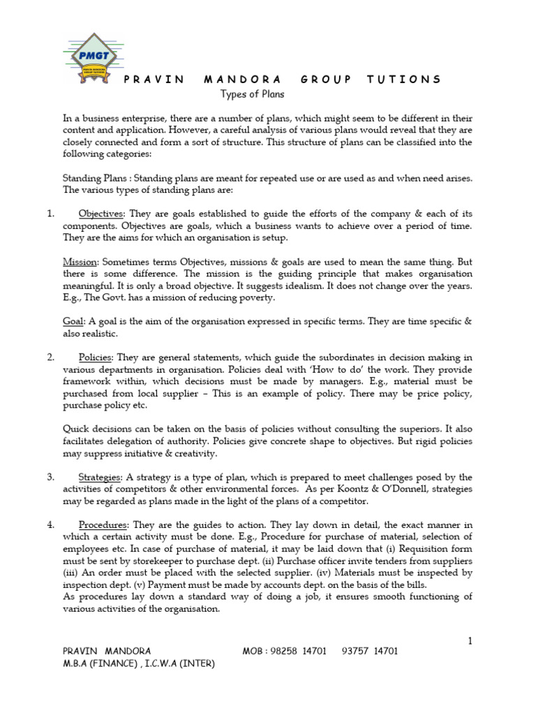 SEM-1-MGMT-UNIT-1-Types of Plan | Download Free PDF | Policy | Goal