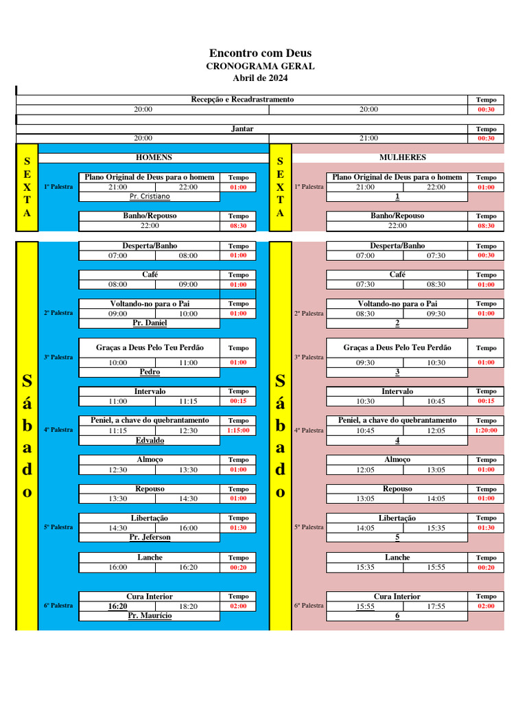 Cronograma - Encontro 2024 - ABRIL DUPLO SEX - SAB | PDF