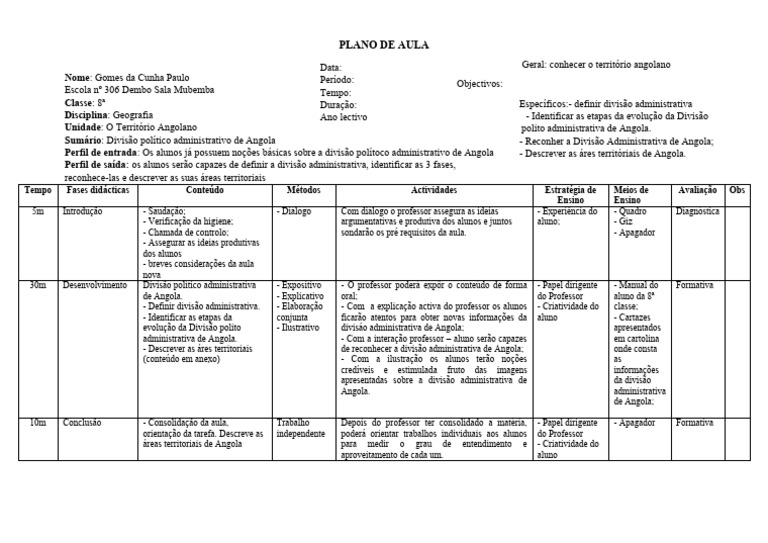 Plano de Aula | PDF | Angola