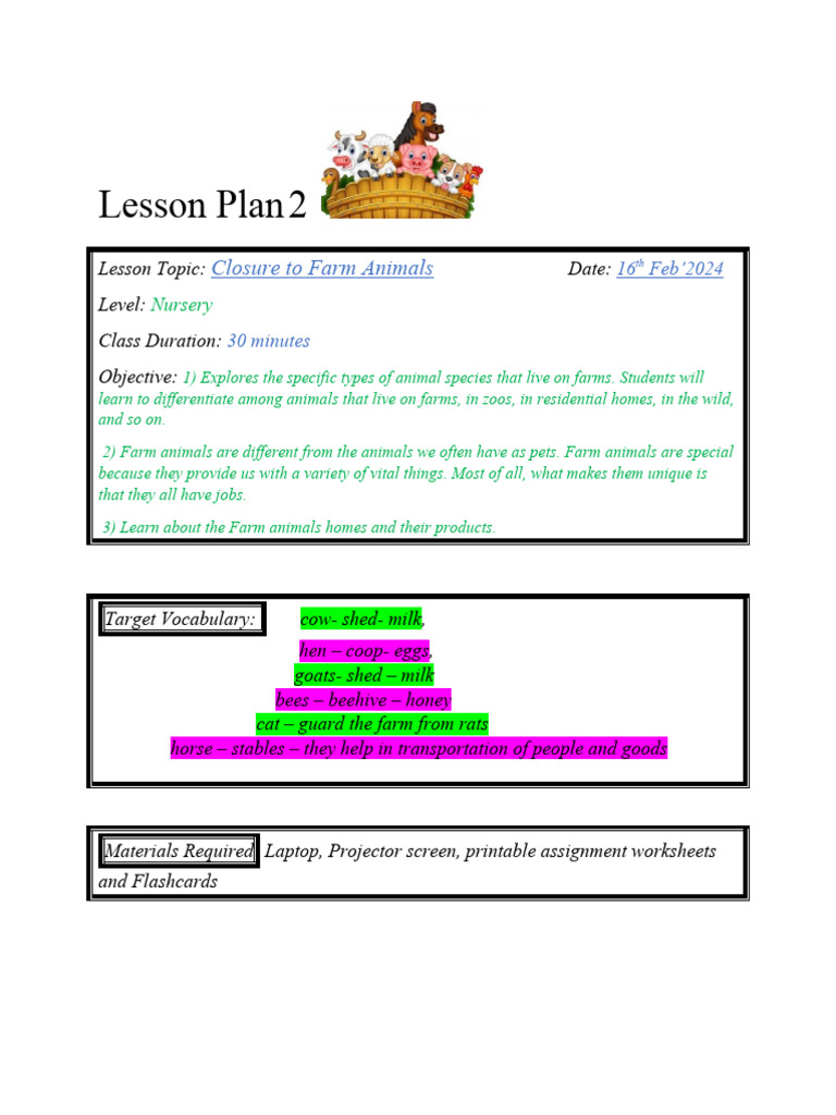 Lesson Plan 2 -Farm Animals Closure | PDF | Sheep | Lesson Plan