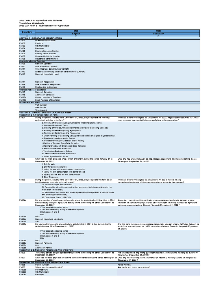 2022 CAF Form 3 - Questionnaire For Agriculture - CEB | PDF | Farms | Aquaponics