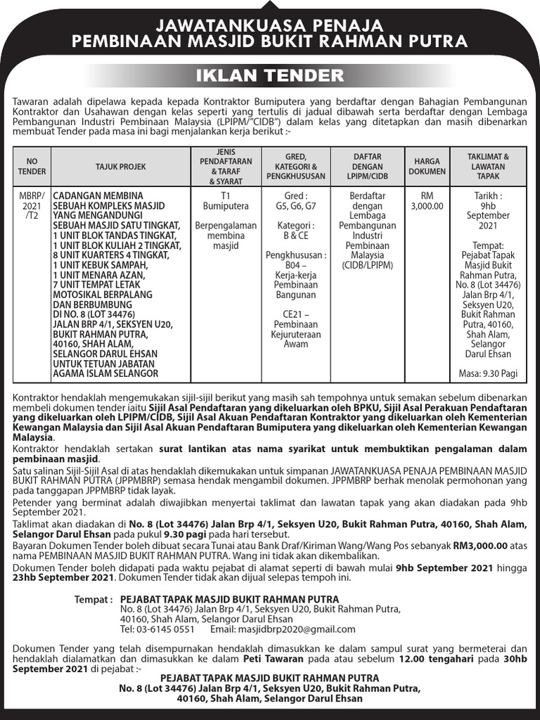 Iklan Tender Pembinaan Kompleks Masjid Bukit Rahman Putra Fasa 1 | PDF