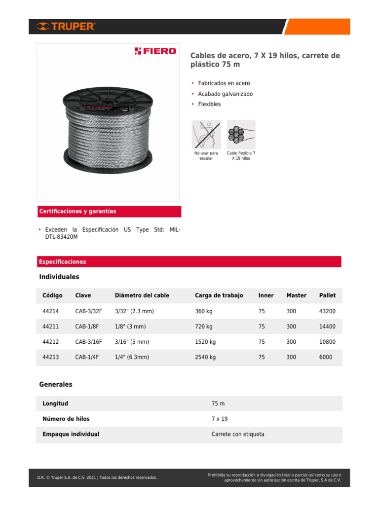 Ficha tecnica cable acero 3 16 7 16 hilos | PDF