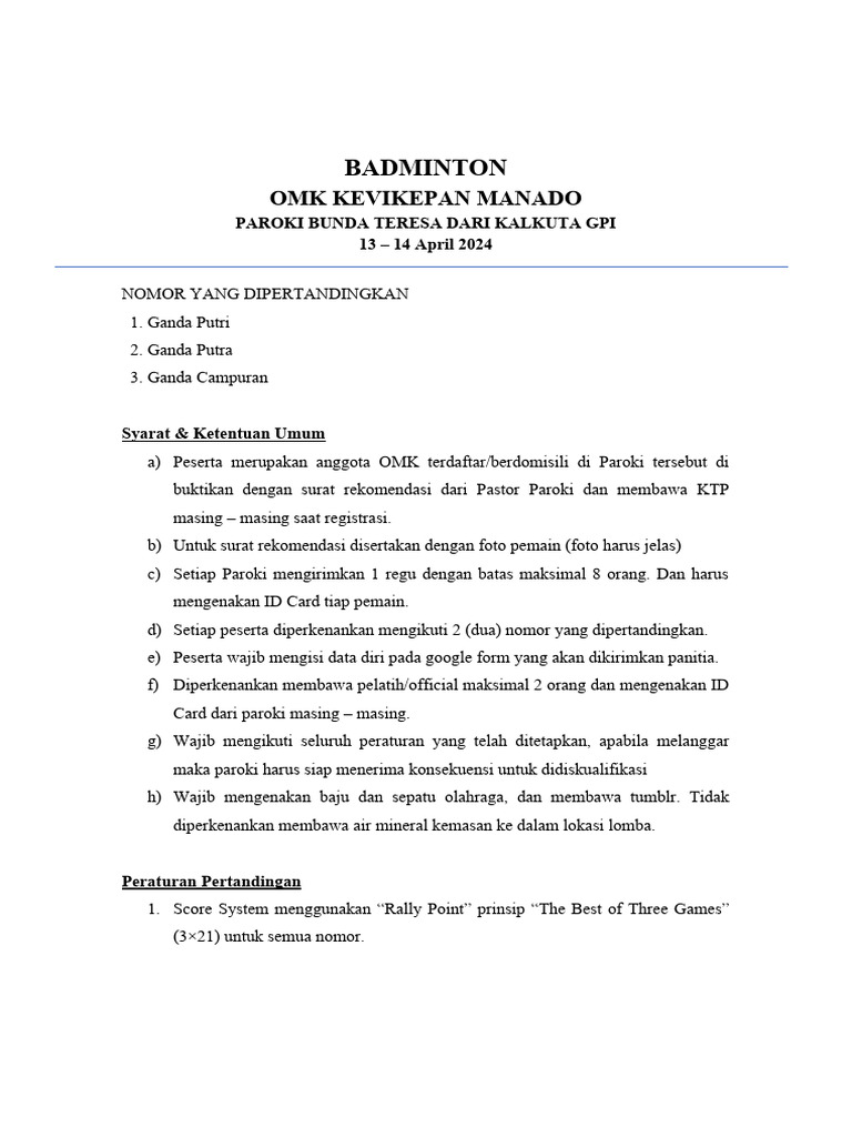 Ketentuan Lomba Badminton OMK | PDF