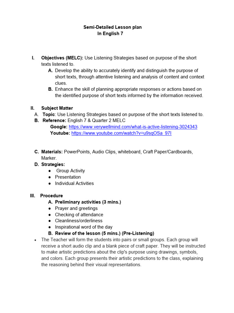 SEMI-DETAILED LESSON PLAN | PDF