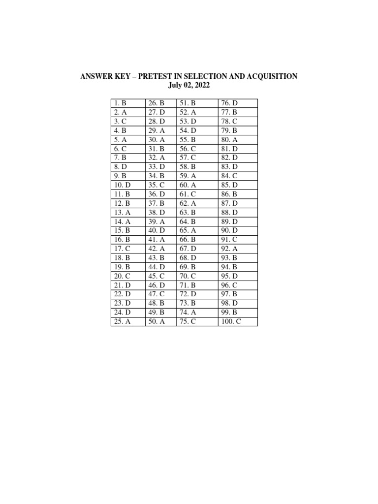 Pretest Answer Key for Selection | PDF