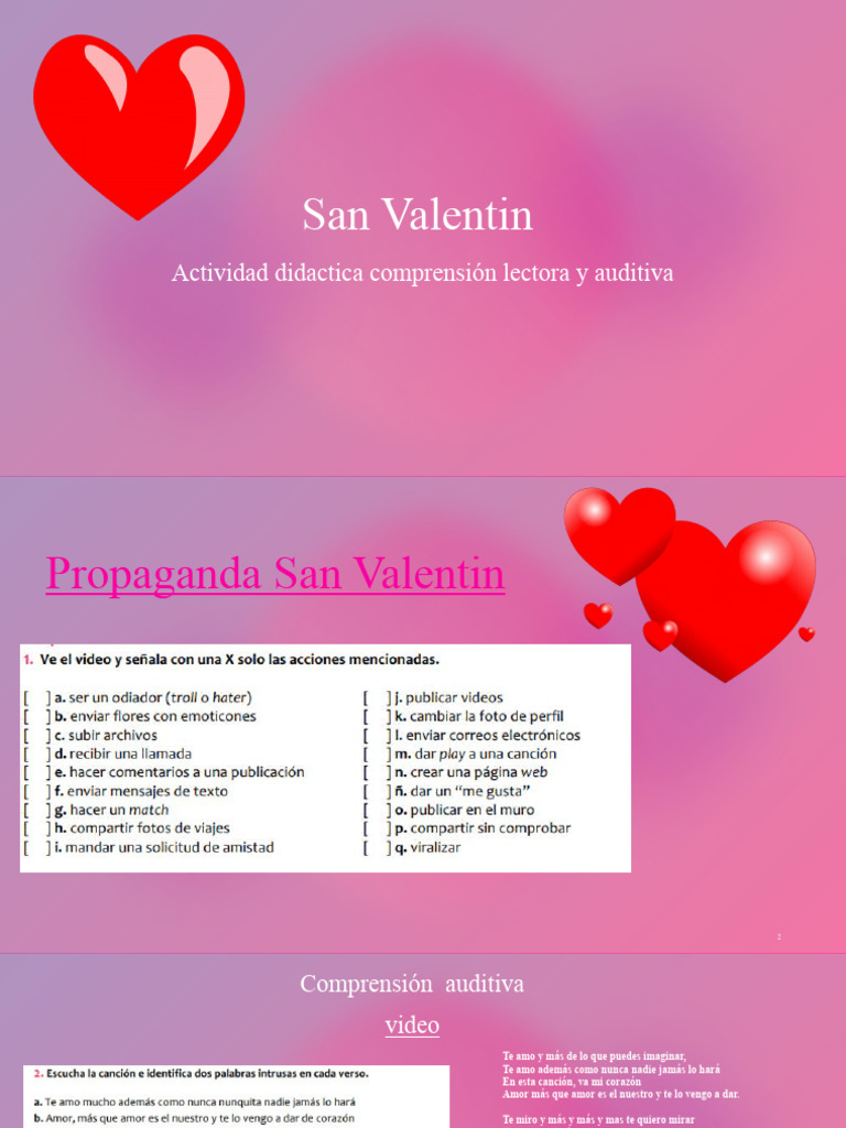 Conprensión Lectora y Auditiva San Valentin | PDF | Amor