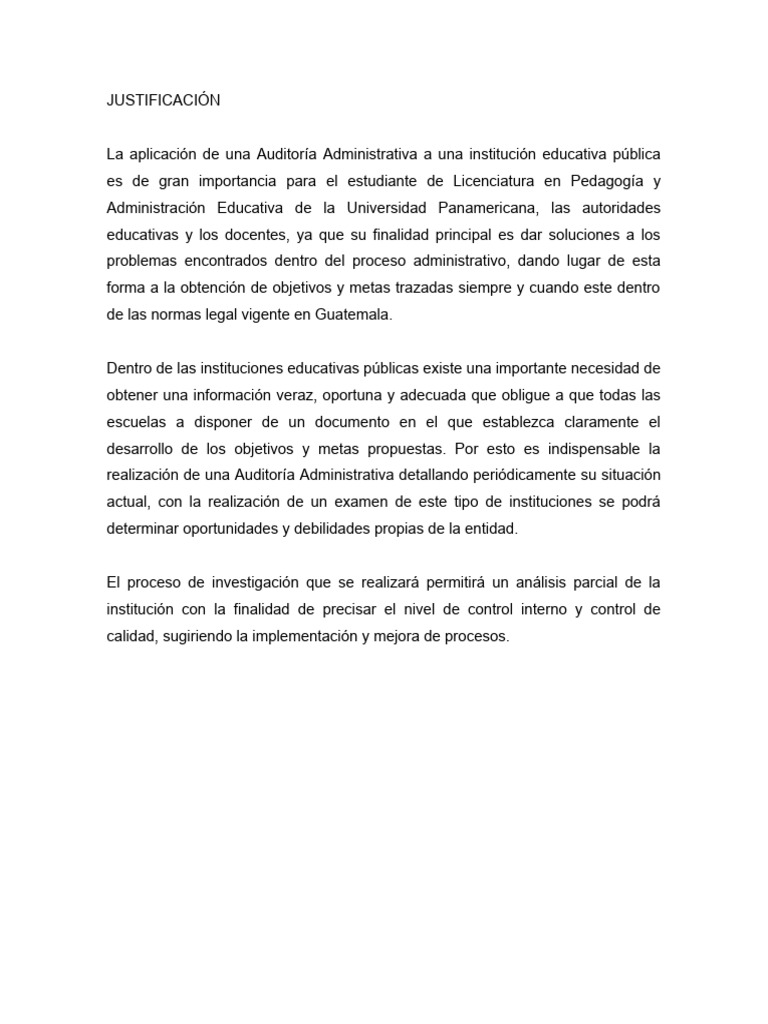 EJEMPLO DE JUSTIFICACIÓN DE UNA AUDITORIA ADMINISTRATIVA | PDF EJEMPLO DE JUSTIFICACIÓN DE UNA AUDITORIA ADMINISTRATIVA | PDF