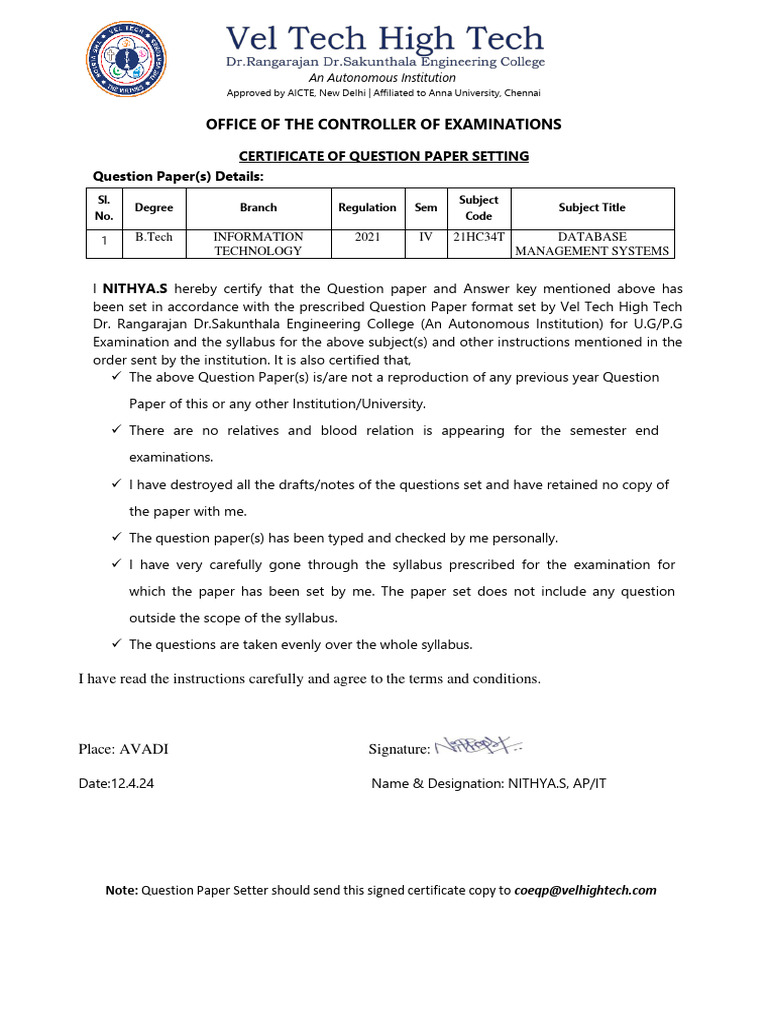 DBMS Certificate of Q.paper Setting | PDF