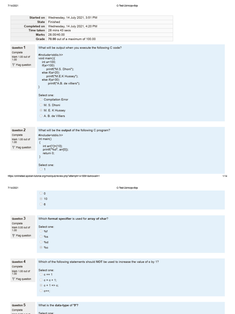 C Test 24mcqs+8qs | PDF | Computer Science | Computing