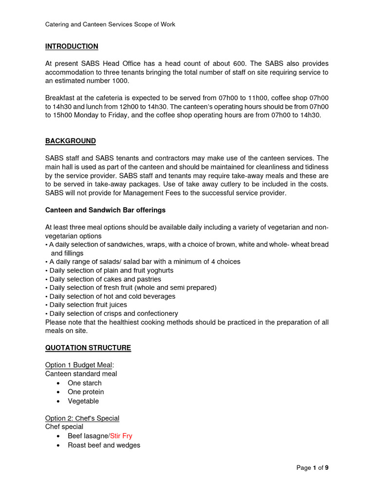 Canteen and Catering Service Overview | PDF | Meal | Menu