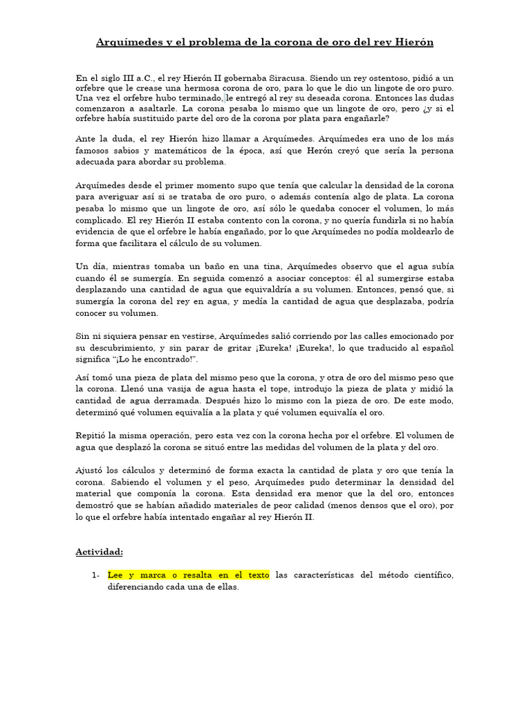 Arqu-Medes y El Problema de La Corona de Oro Del Rey Hier-N | PDF | Densidad
