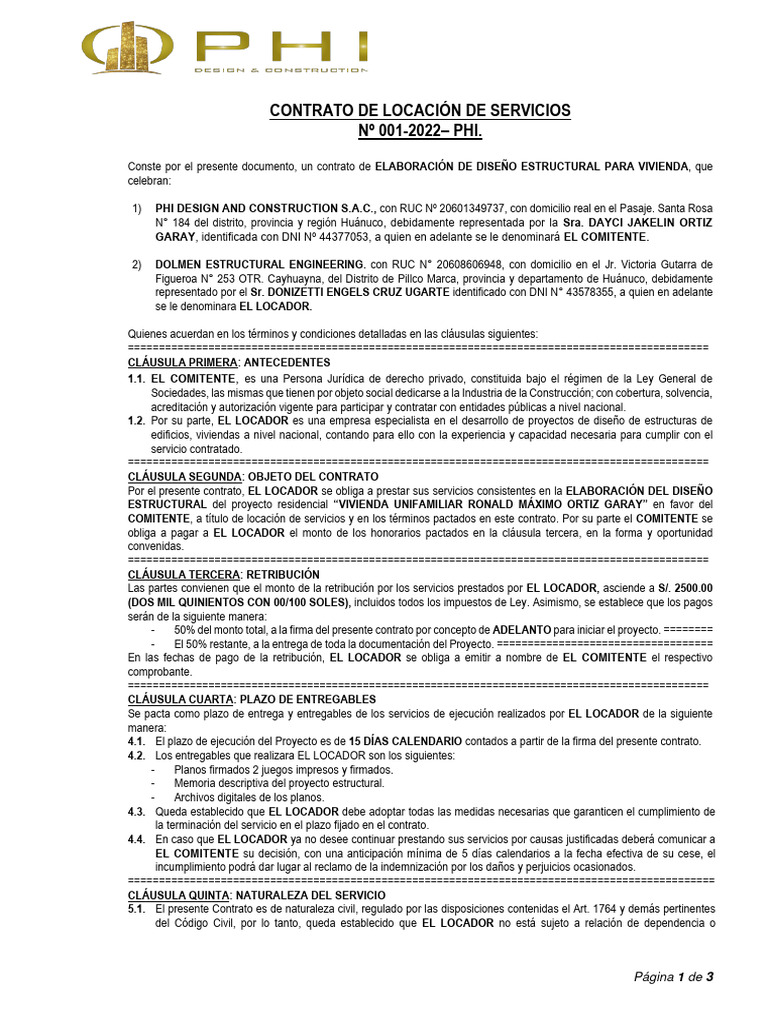 Contrato de Locacion - 01-2022phi - Diseño de Estructuras | PDF ...